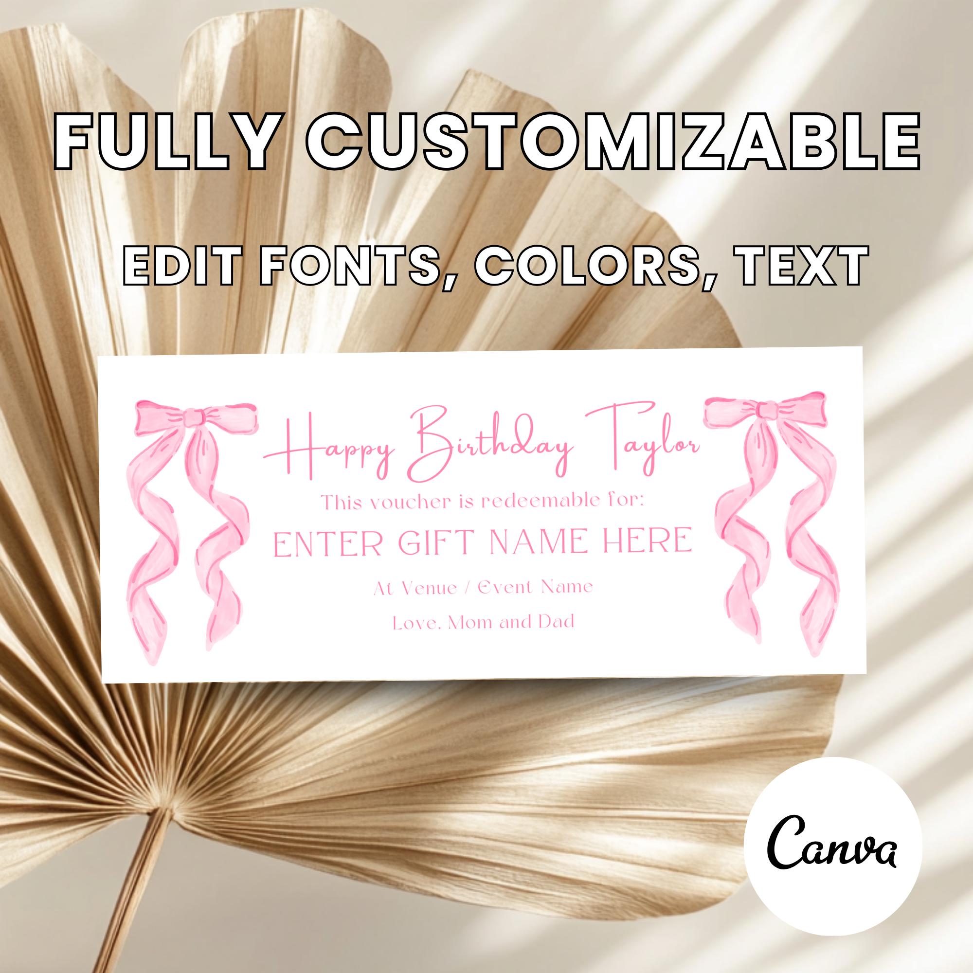 Girls Happy Birthday Custom Gift Voucher Template, Printable Blank ...