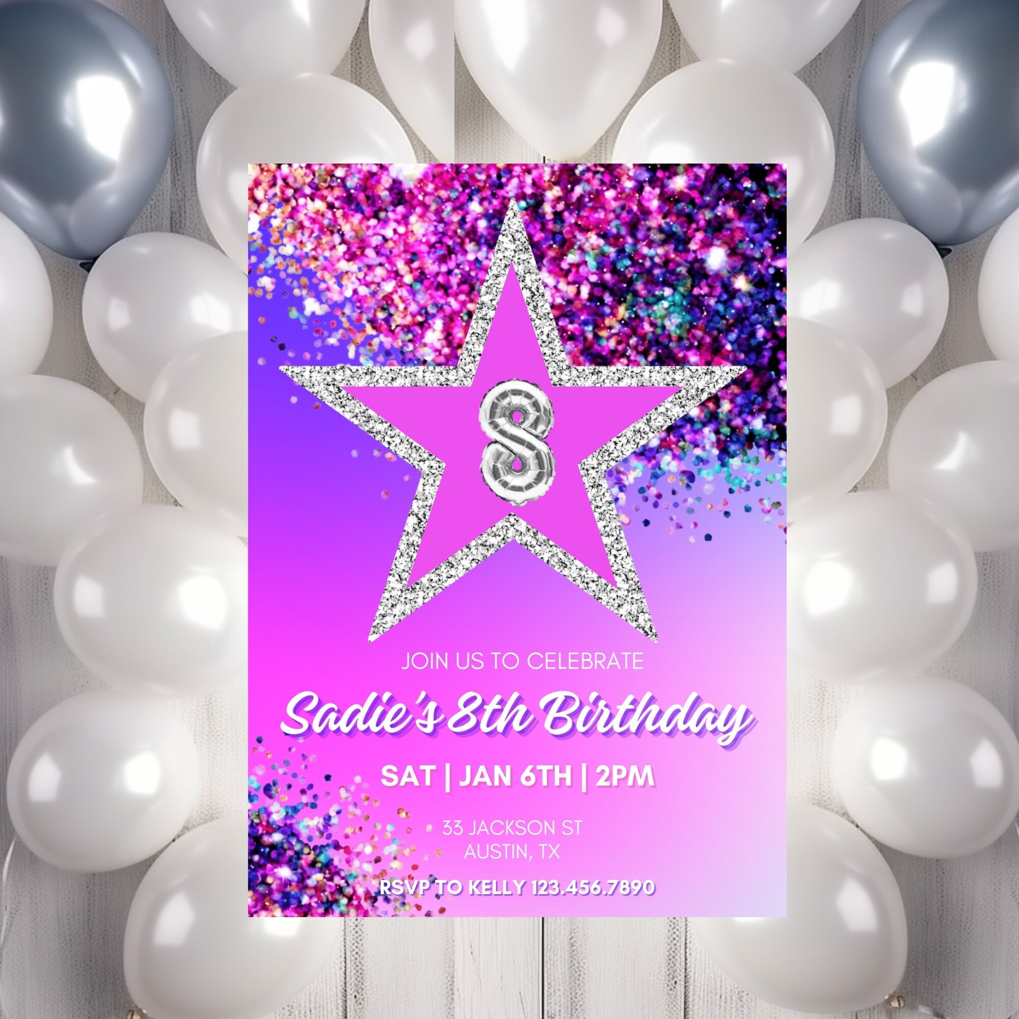 Pink And Silver Birthday Invitation Girls 8th Birthday Invitation Pink