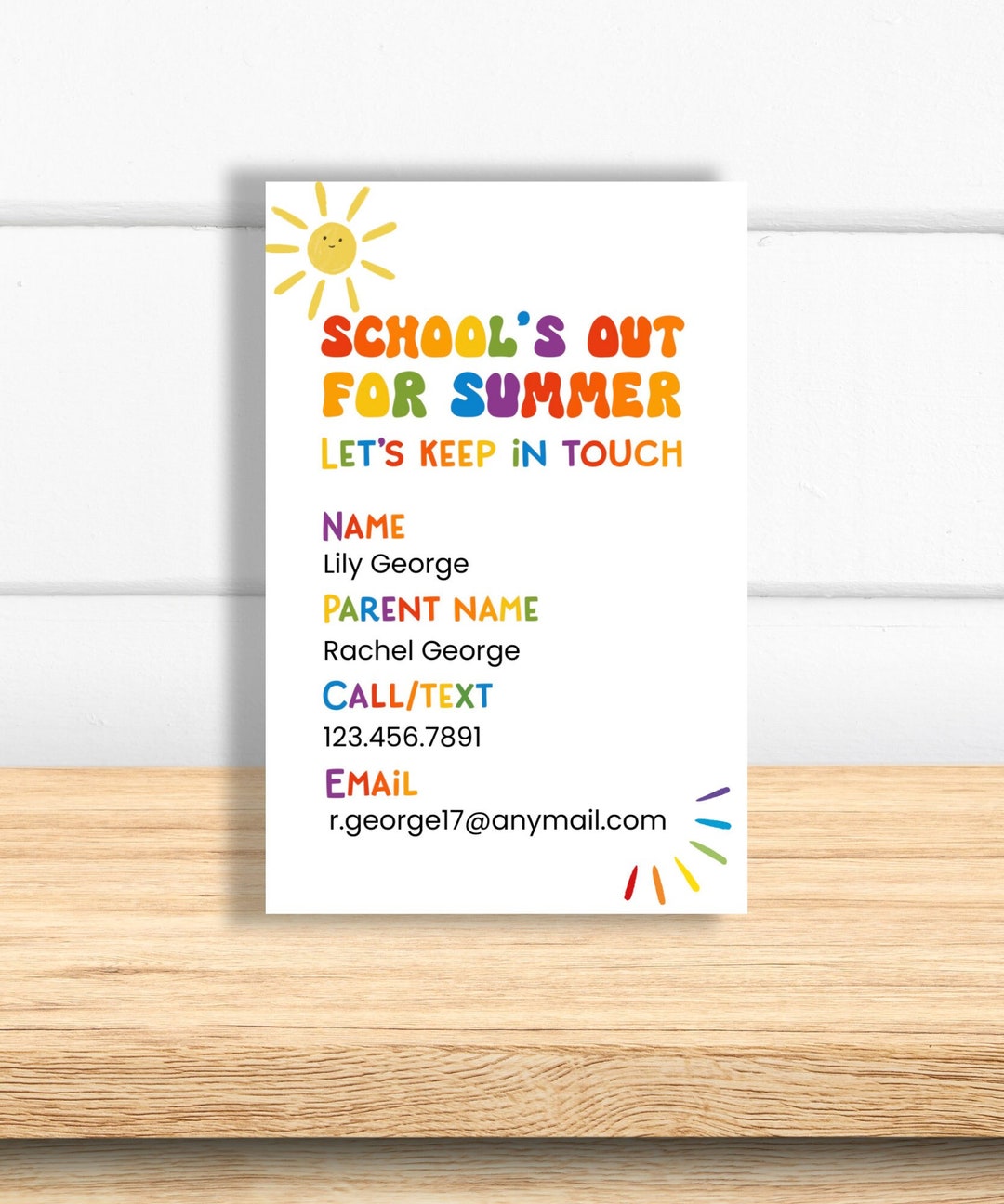 Printable Summer Contact Card, Editable, End of School Cards for Kids ...