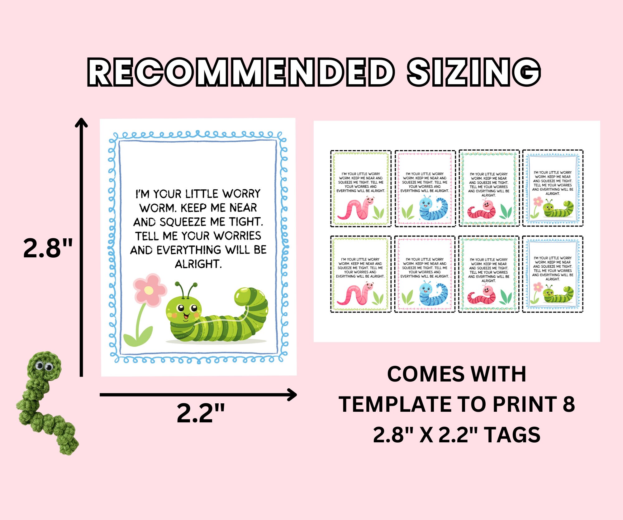 Crochet Worry Worm Product Cards & Gift Tags, Anxiety Relief Buddy ...