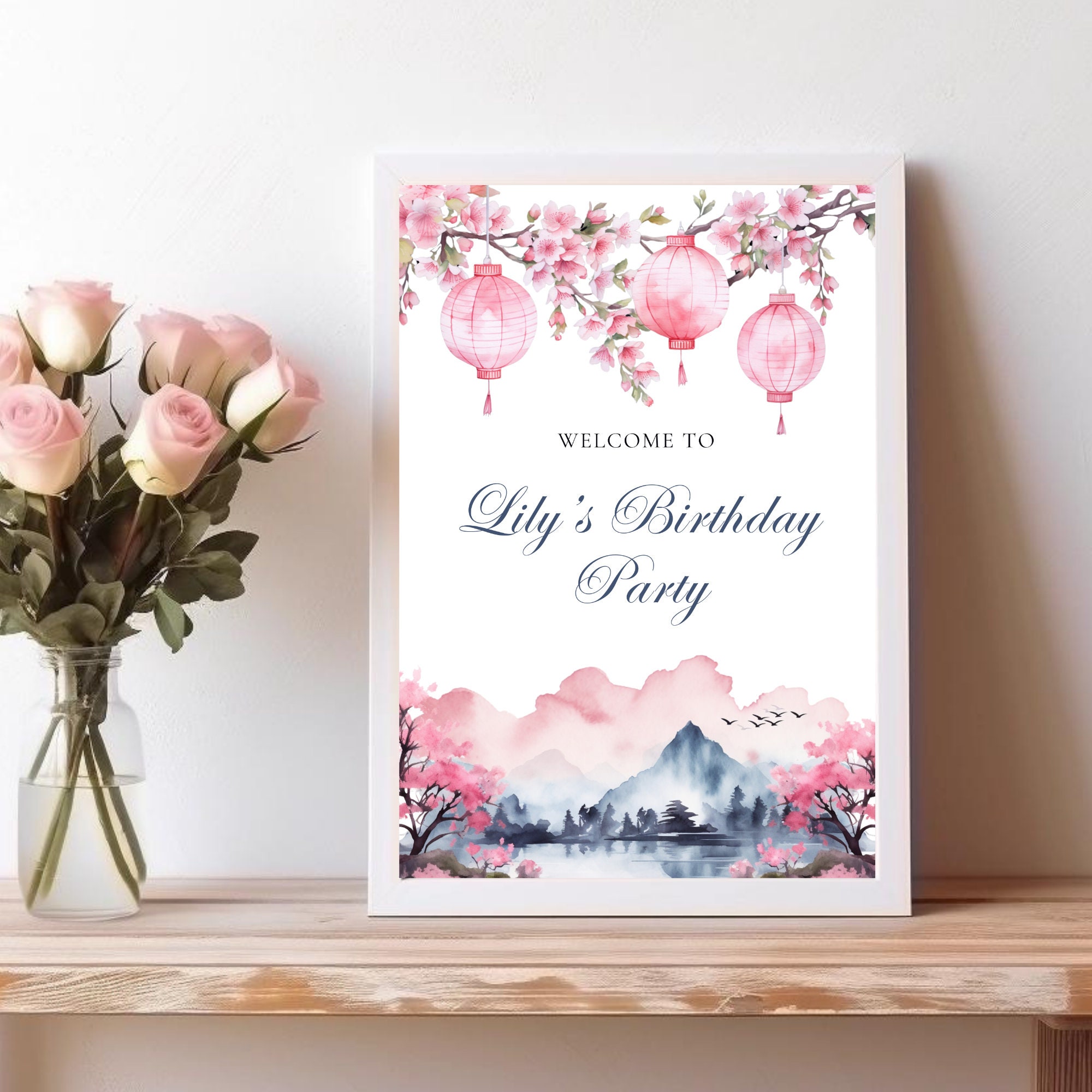 Japanese Lantern Birthday Welcome Sign, Cherry Blossom Gift Table Sign ...