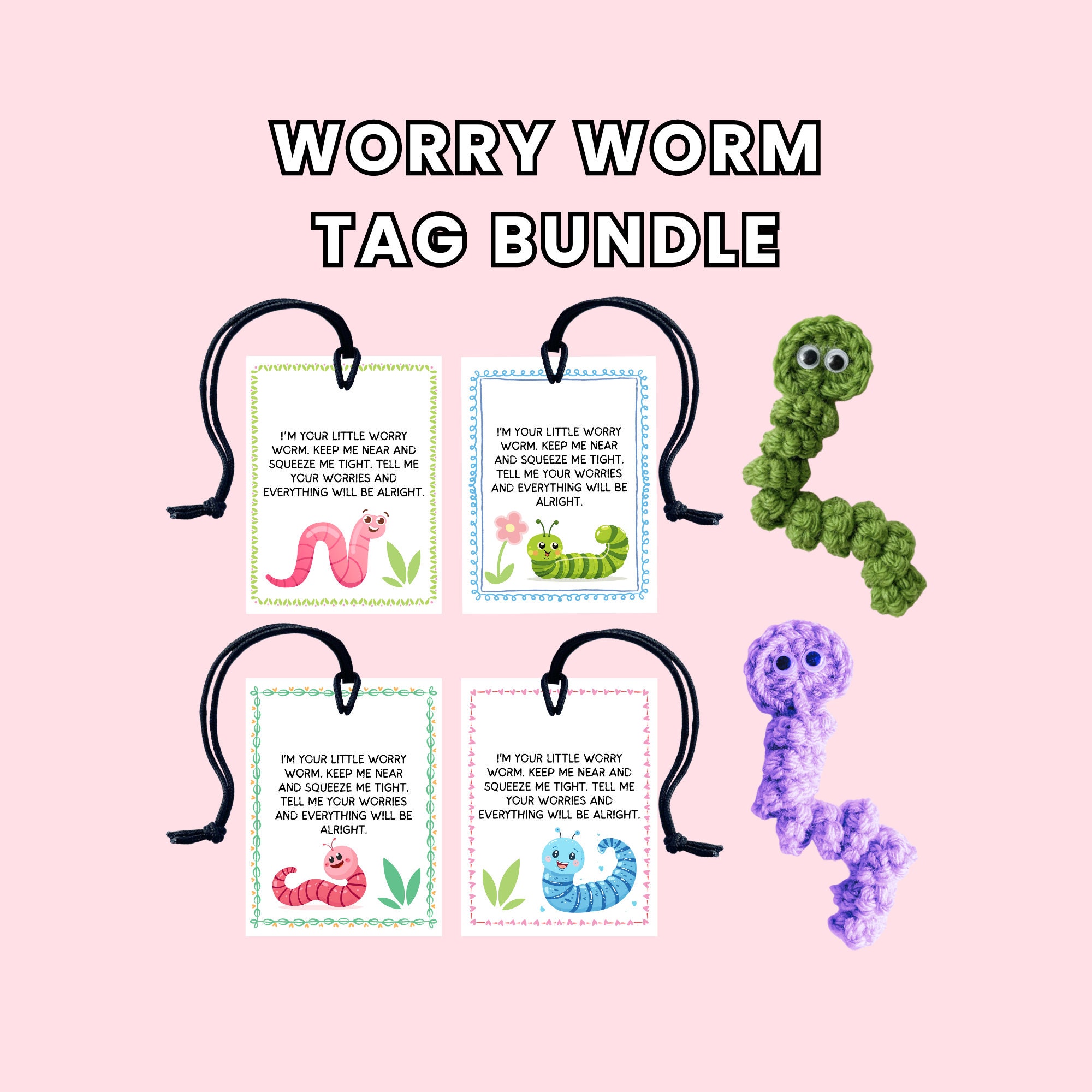 Crochet Worry Worm Product Cards & Gift Tags, Anxiety Relief Buddy ...