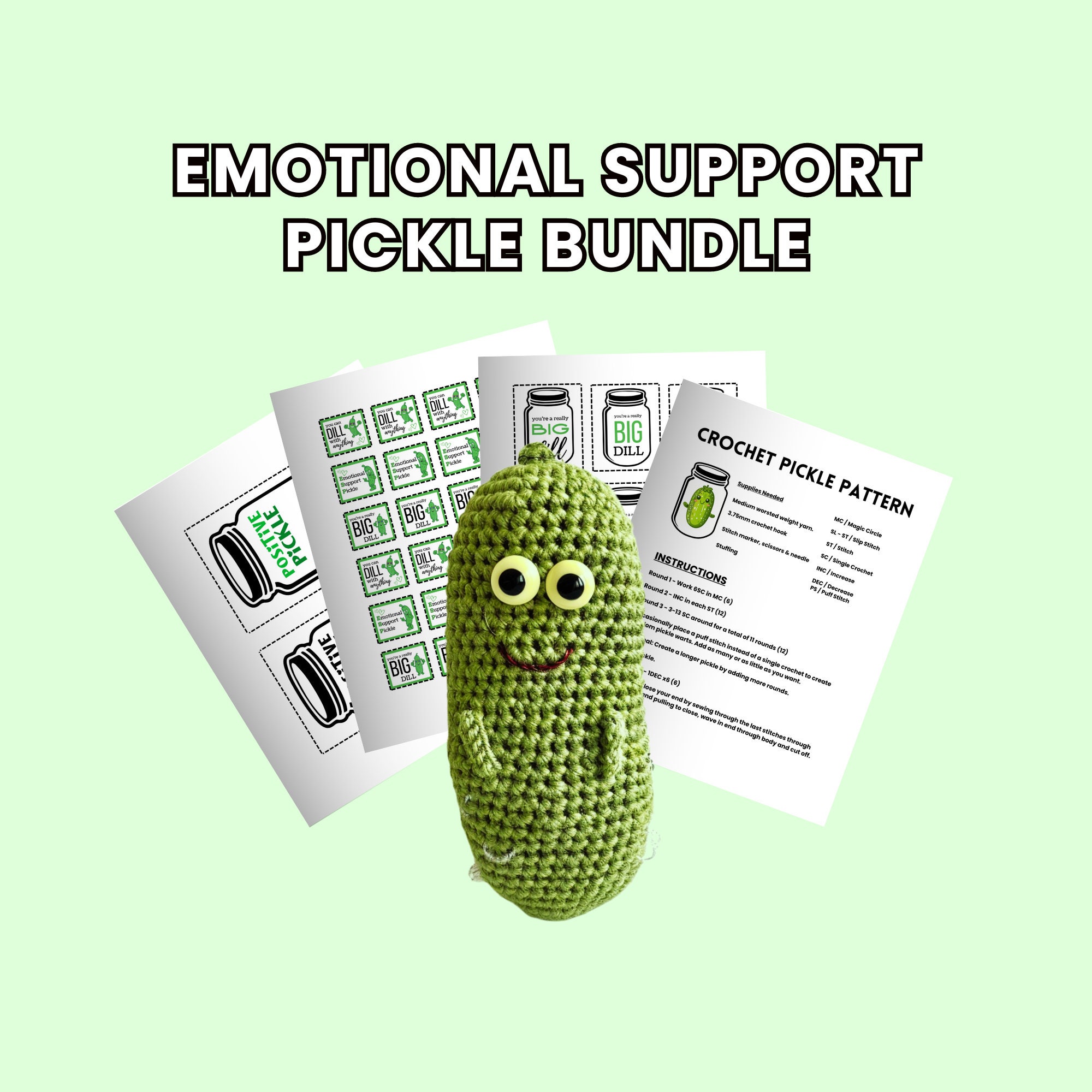 Crochet Emotional Support Pickle & Gift Tags, Anxiety Relief Buddy ...