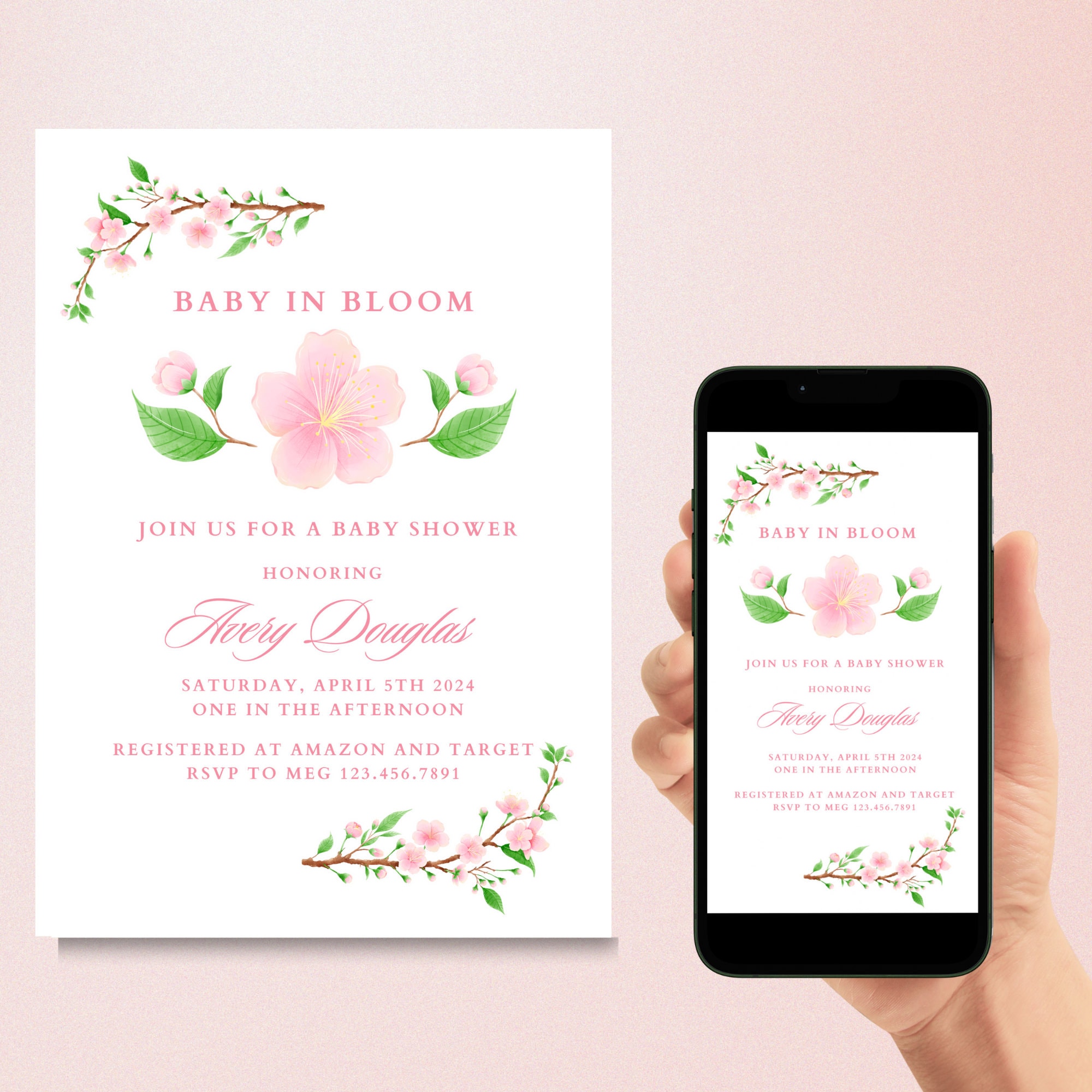 Spring Baby Shower Invitation | Pink Cherry Blossom Invite | Baby Girl ...