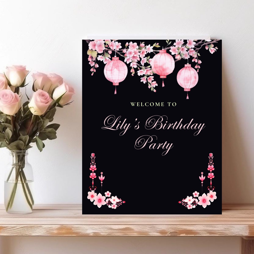 Japanese Lantern Birthday Welcome Sign, Cherry Blossom Gift Table Sign ...