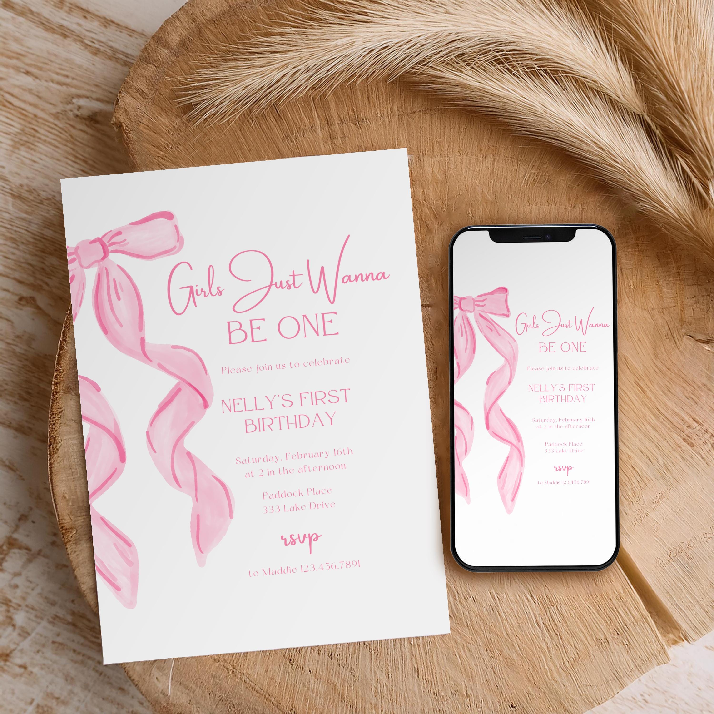 Girls Just Wanna Be One 1st Birthday Invitation, Girly Coquette Pink ...