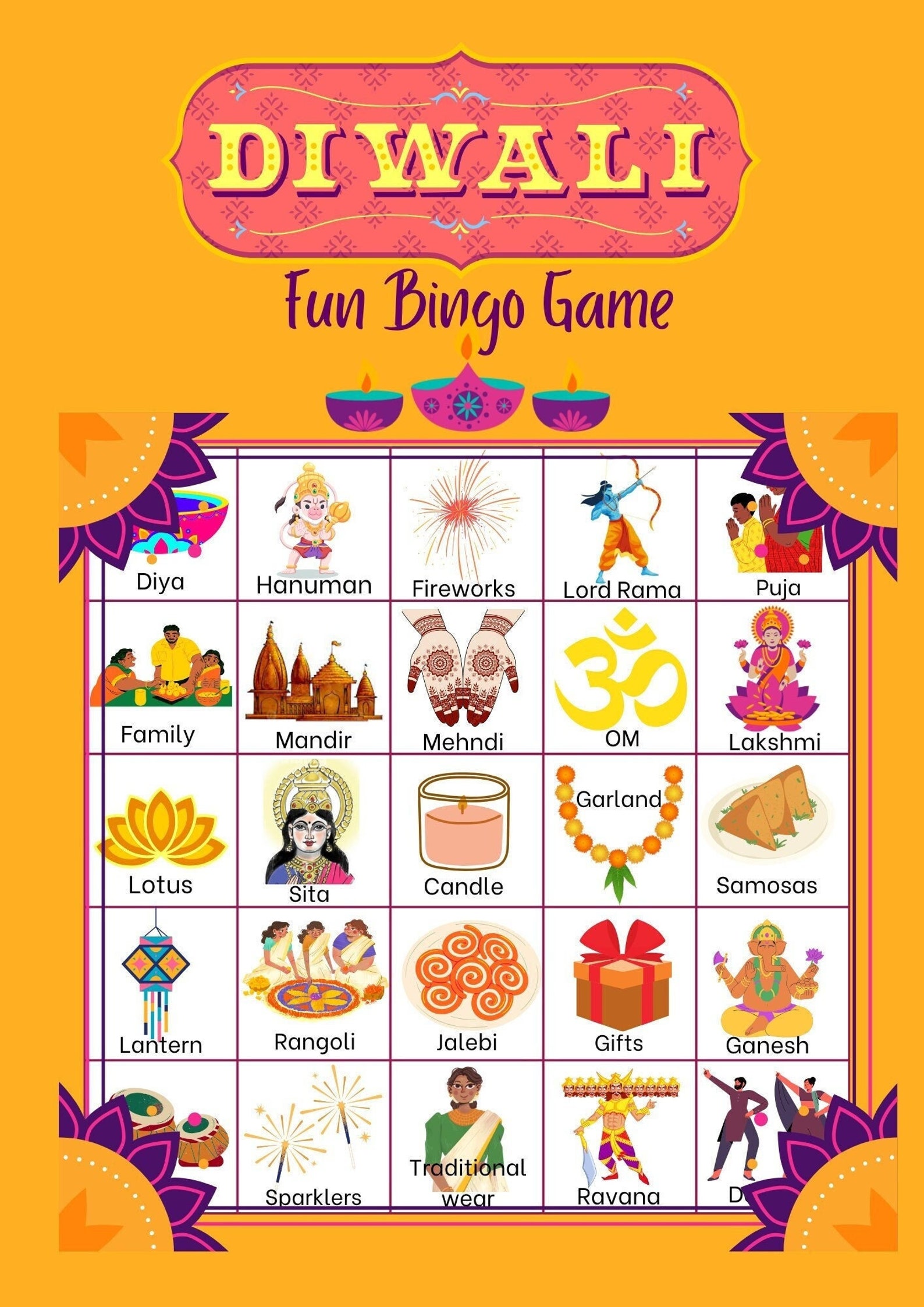 Diwali Game | Printable Diwali Bingo Game - Etsy