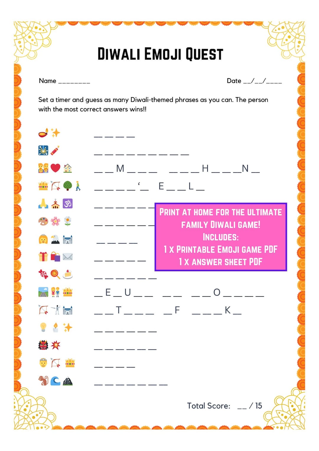 Diwali Game | Printable Emoji Game - Etsy