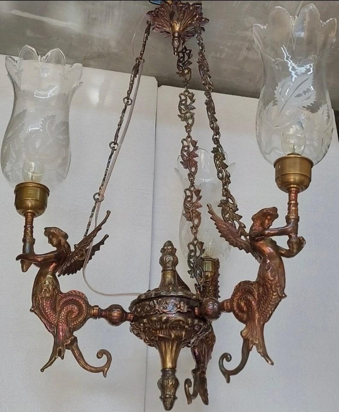 Victorian Cut Glass Coastal Tropical Antique Brass Mermaid Ceiling ...