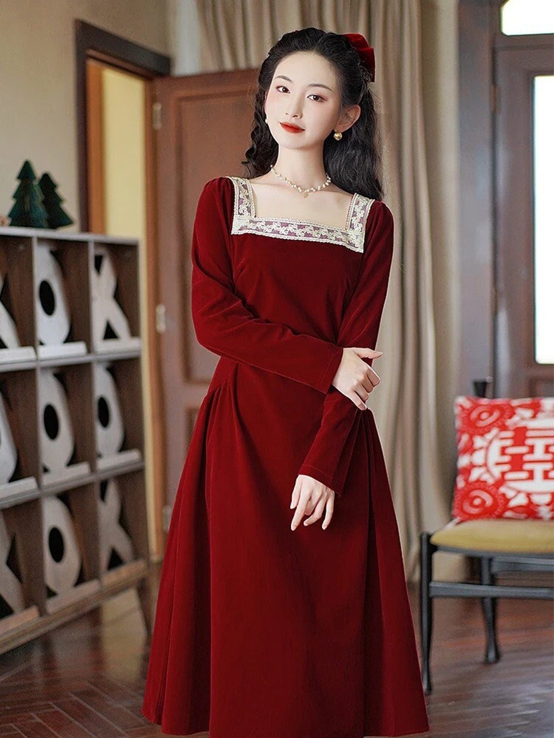 Victorian Dress Jeanne, Vintage Dress, Red Velvet Dress, Red Fairy ...