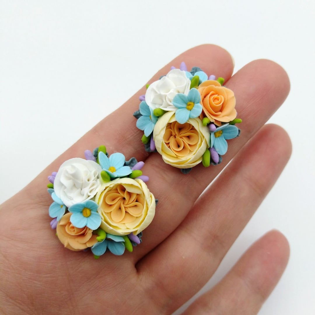 Polymer Clay Studs Earrings Floral Earrings Flower Polimer Clay Earring Bright Earrings Flowers ...