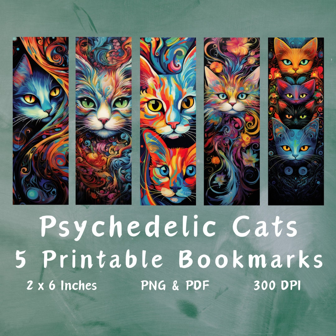 Psychedelic Cats 5 Printable Bookmarks | Trippy Bookmarks | Fun ...
