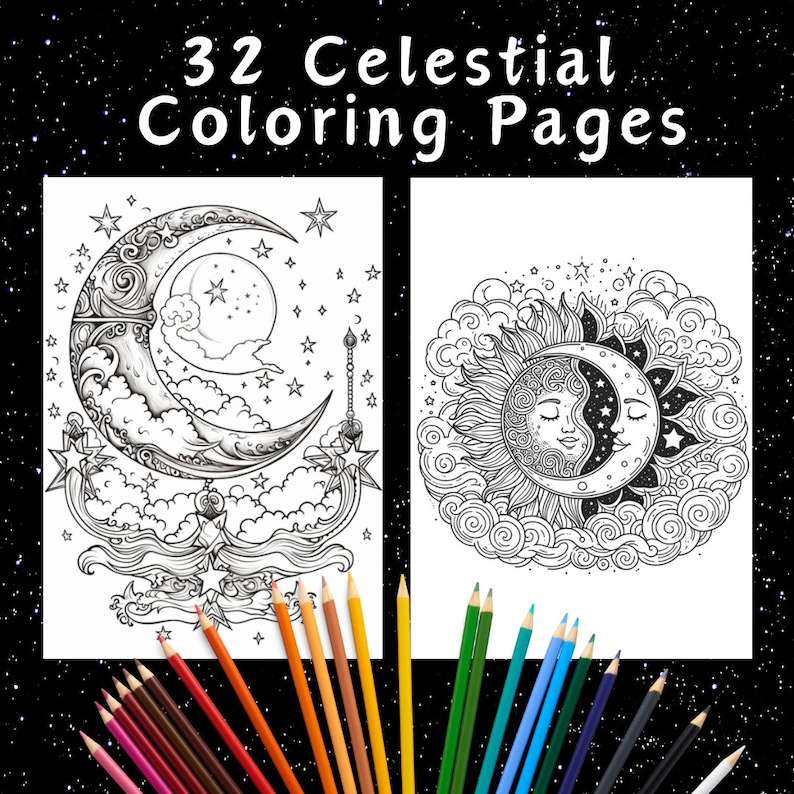 Celestial Printable Coloring Pages | 32 Majestic Sun & Moon Designs ...
