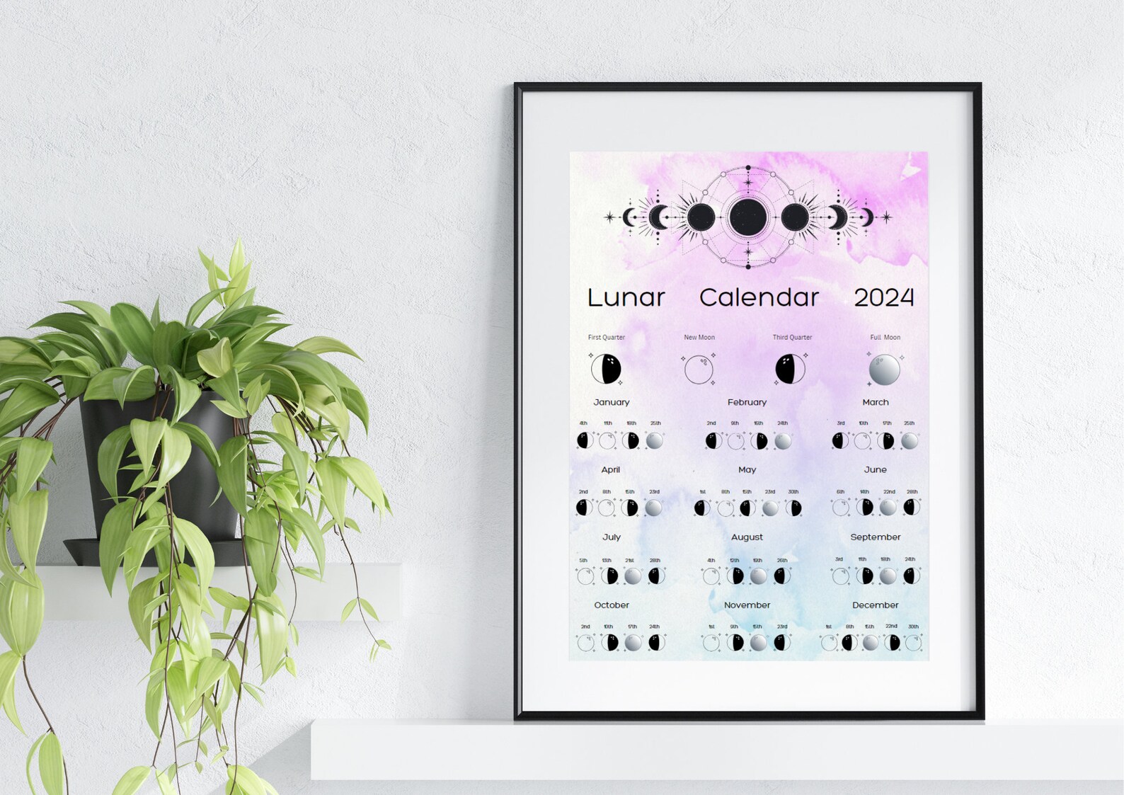 Printable 2024 Lunar Calendar Moon Phases 2024 Digital Download Pastel ...