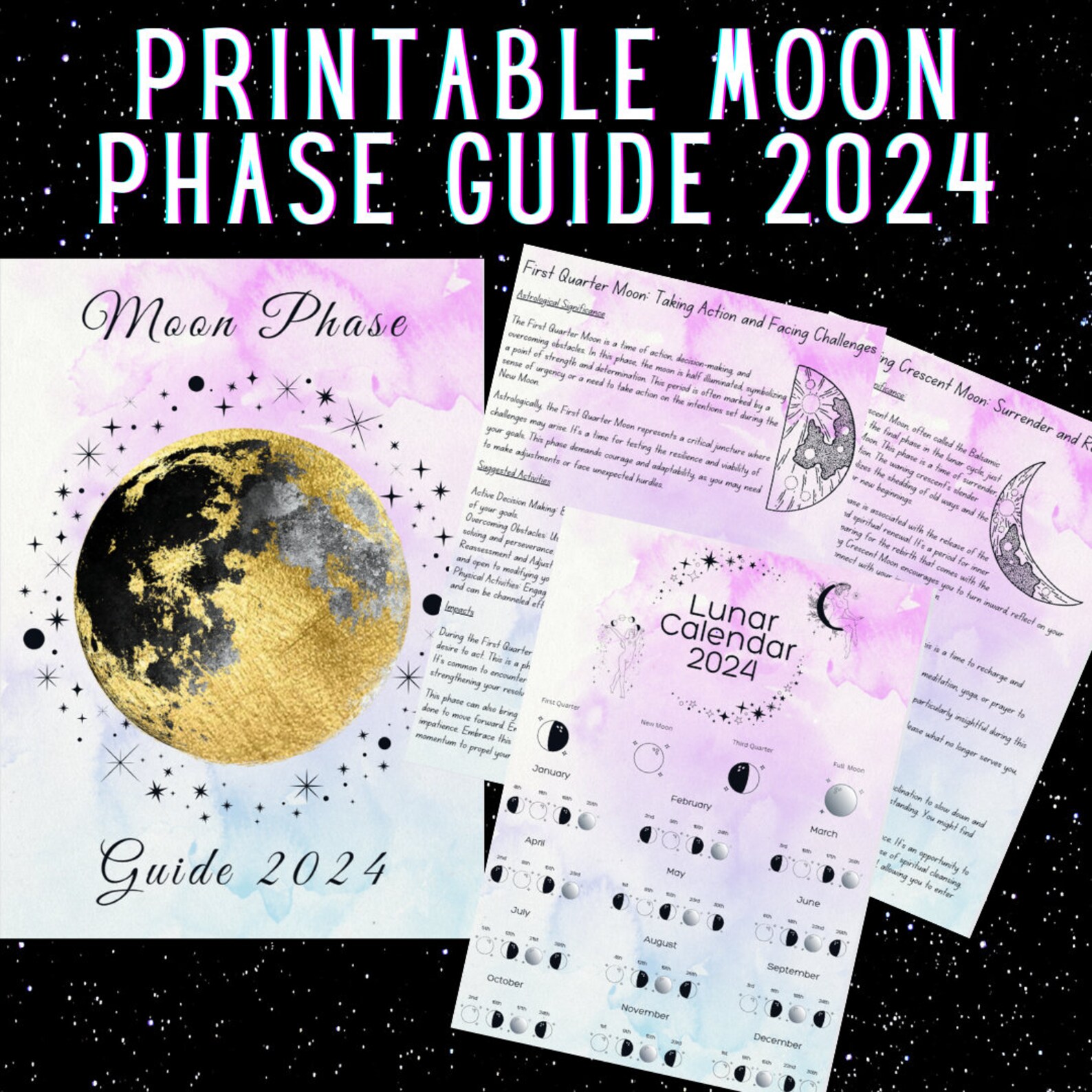 2024 Printable Moon Phase Guide Lunar Calendar Moon Cycle Tracker ...