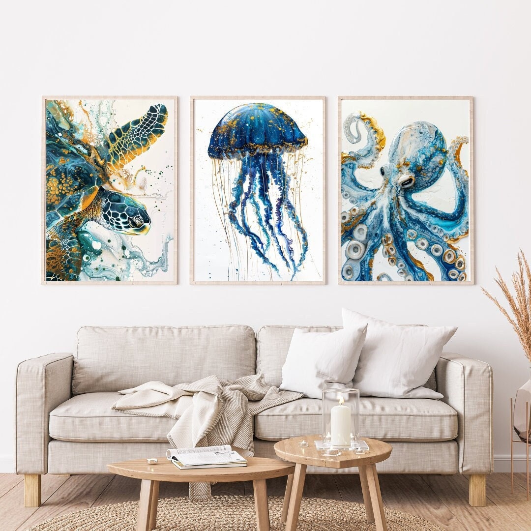 Marine Splendor Printable Wall Art Set | 3 Watercolor Sea Creature ...