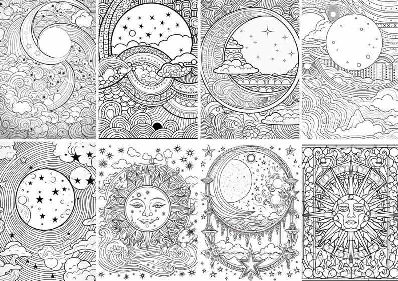 Celestial Printable Coloring Pages | 32 Majestic Sun & Moon Designs ...