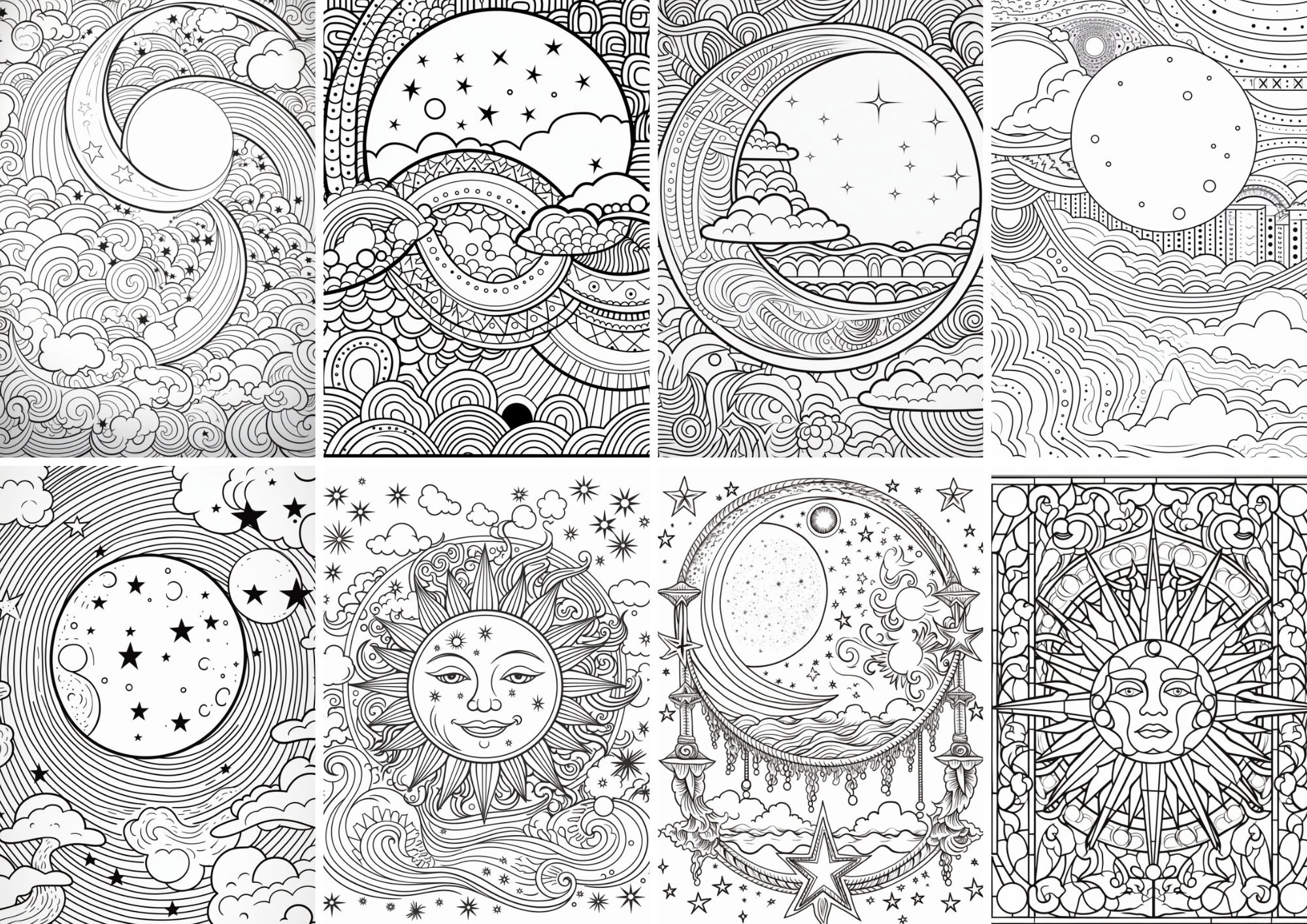 Celestial Printable Coloring Pages | 32 Majestic Sun & Moon Designs ...