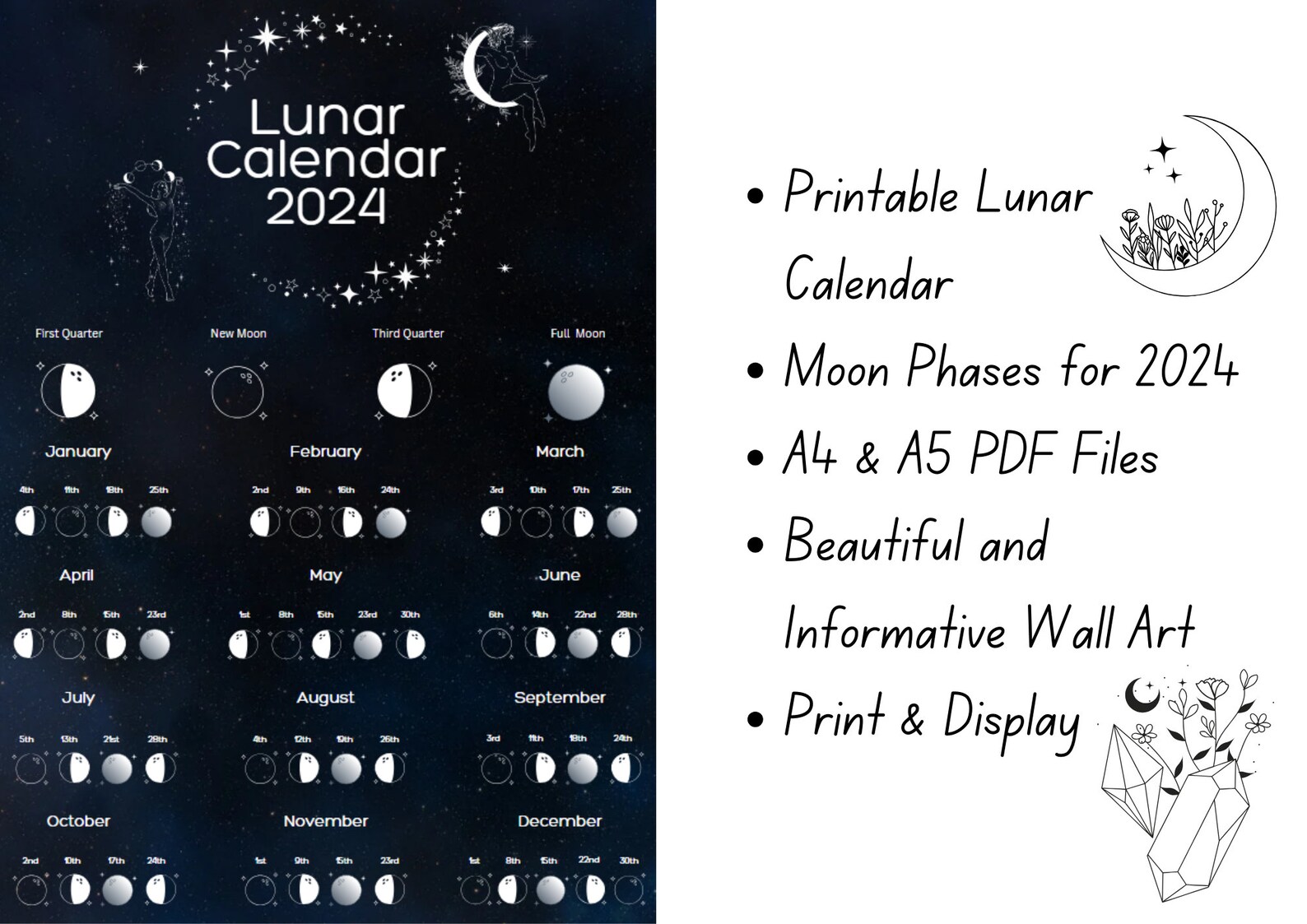 Printable 2024 Lunar Calendar Moon Phases 2024 Digital Download Pastel ...