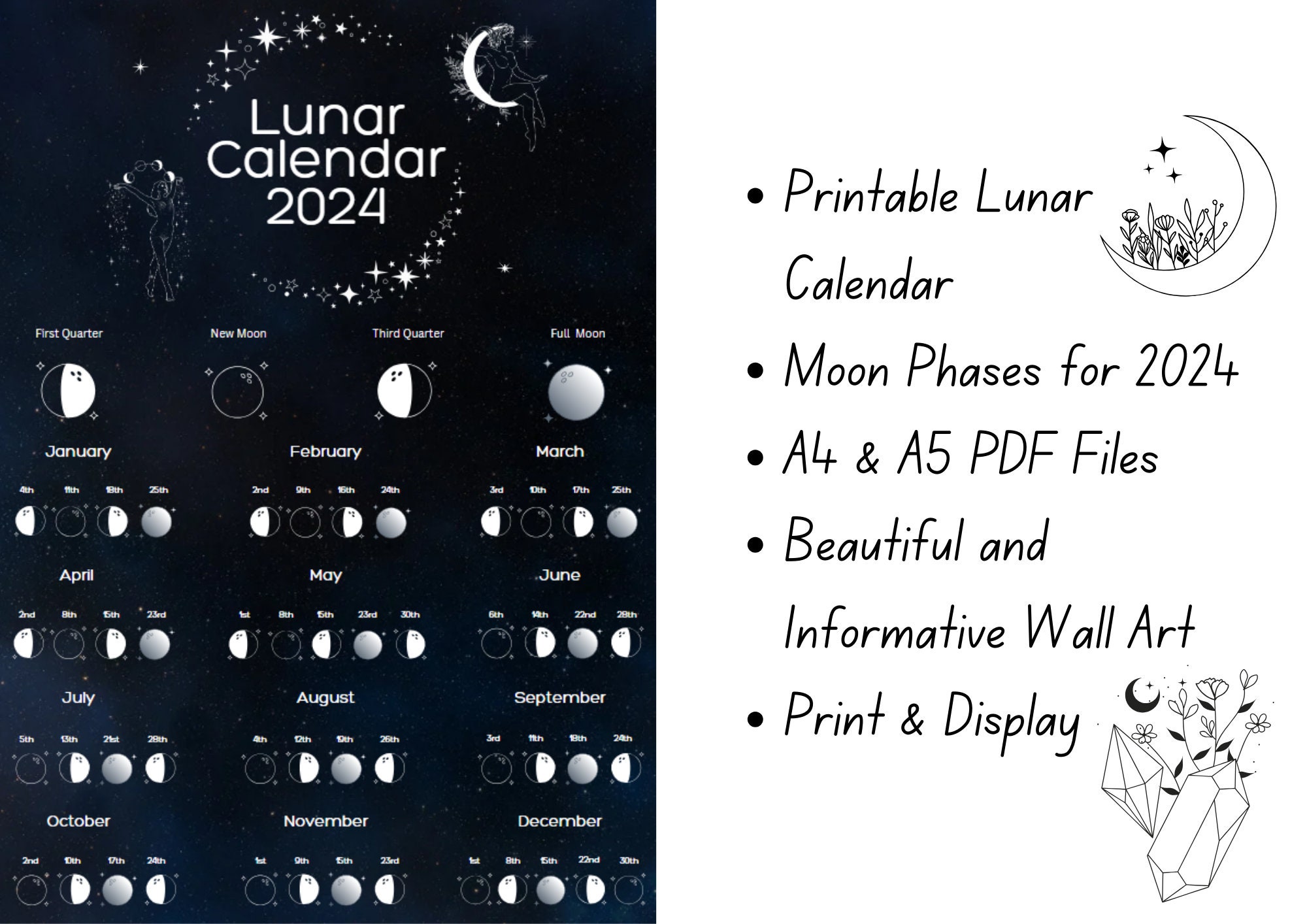 Printable 2024 Lunar Calendar Moon Phases 2024 Digital Download Pastel ...