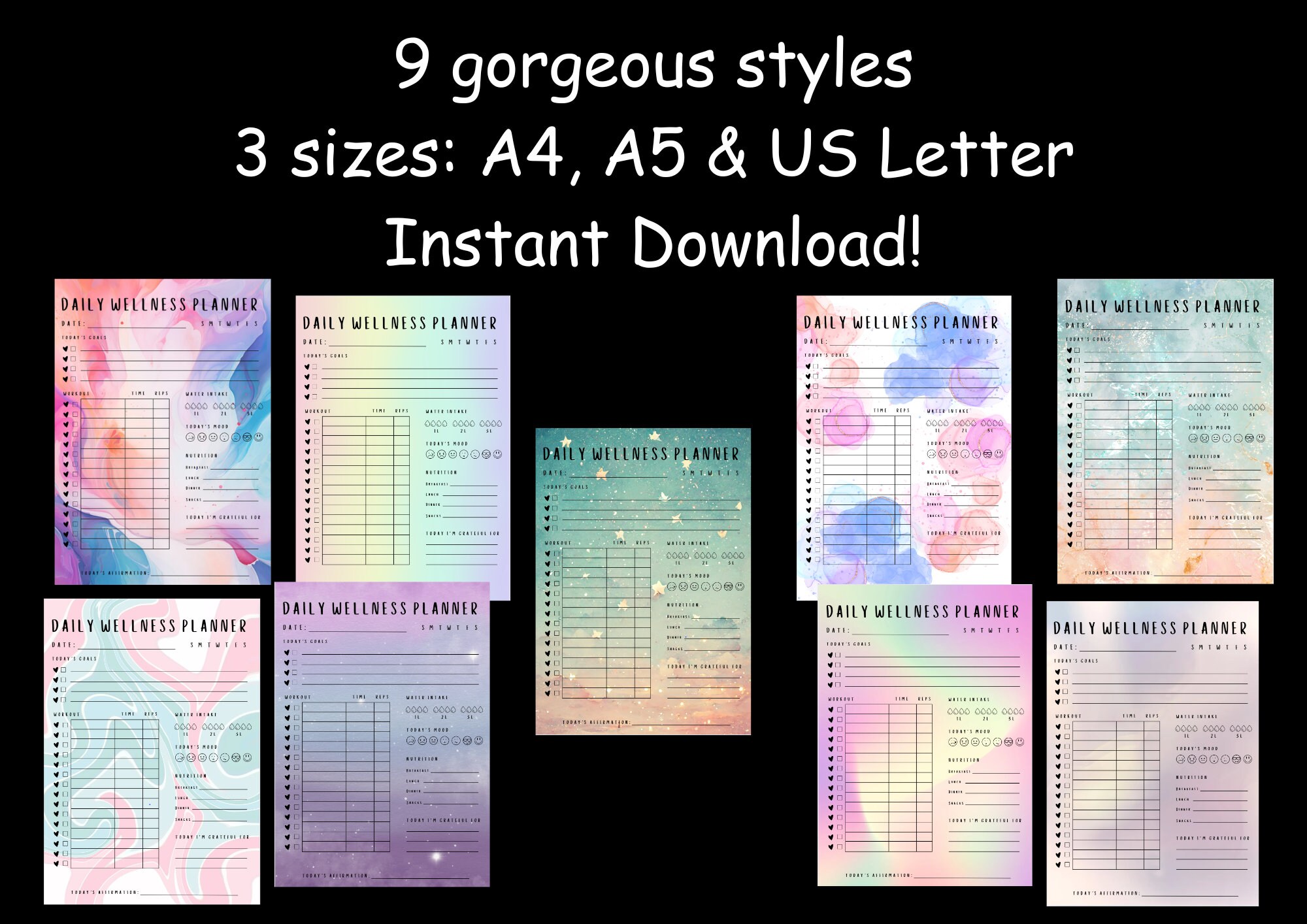 Printable Daily Wellness Planner | 9 Styles | 3 Sizes | Rainbow ...