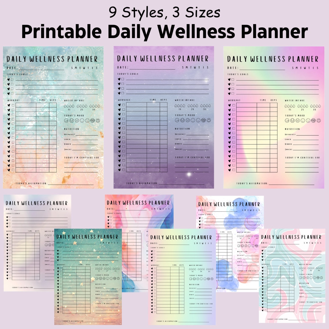 Printable Daily Wellness Planner | 9 Styles | 3 Sizes | Rainbow ...