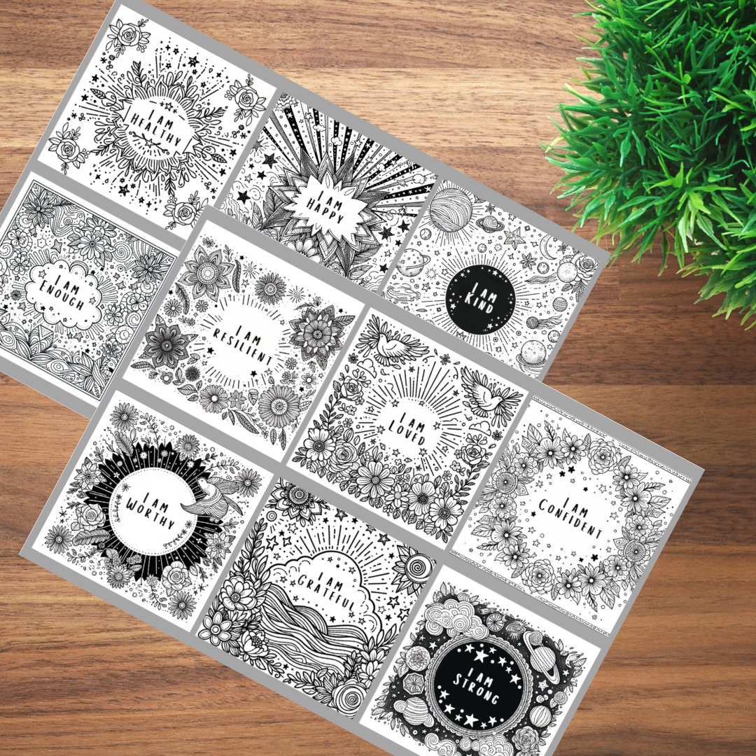 Printable Color in Affirmation Cards | 12 Cards | DIY | Coloring ...