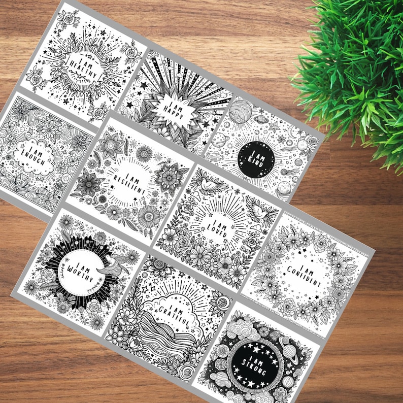 Printable Color in Affirmation Cards | 12 Cards | DIY | Coloring ...