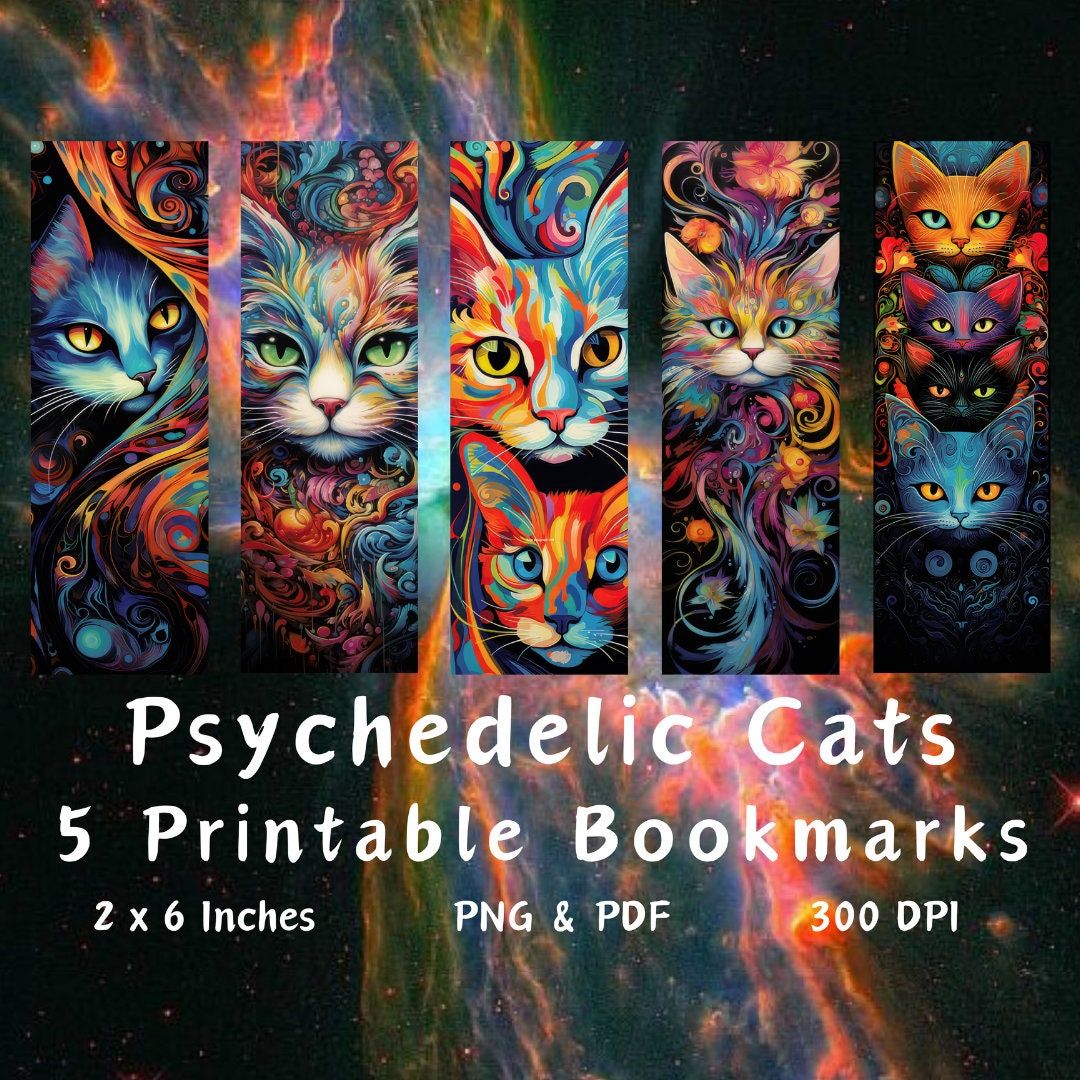 Psychedelic Cats 5 Printable Bookmarks Trippy Bookmarks - Etsy
