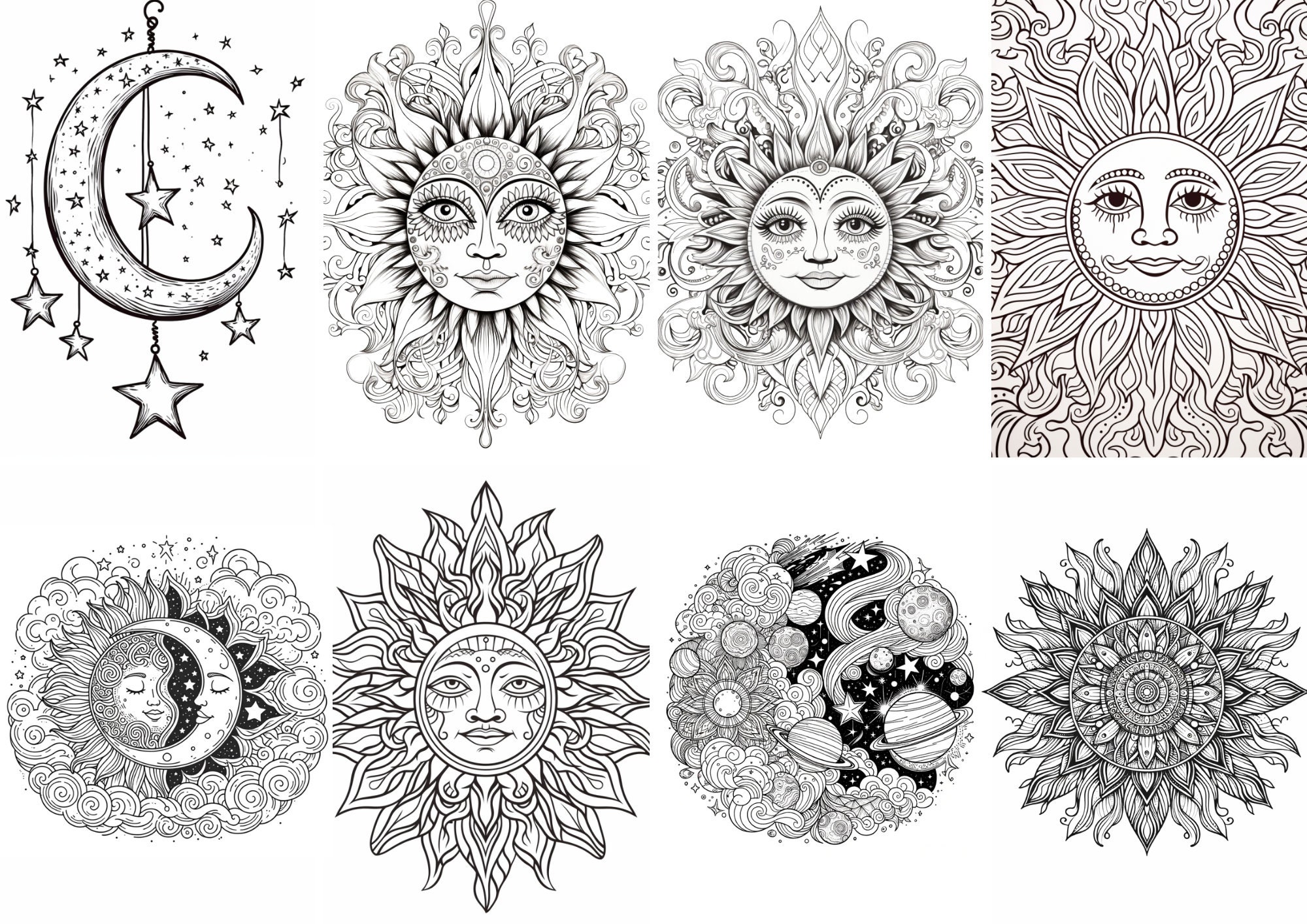 Celestial Printable Coloring Pages | 32 Majestic Sun & Moon Designs ...