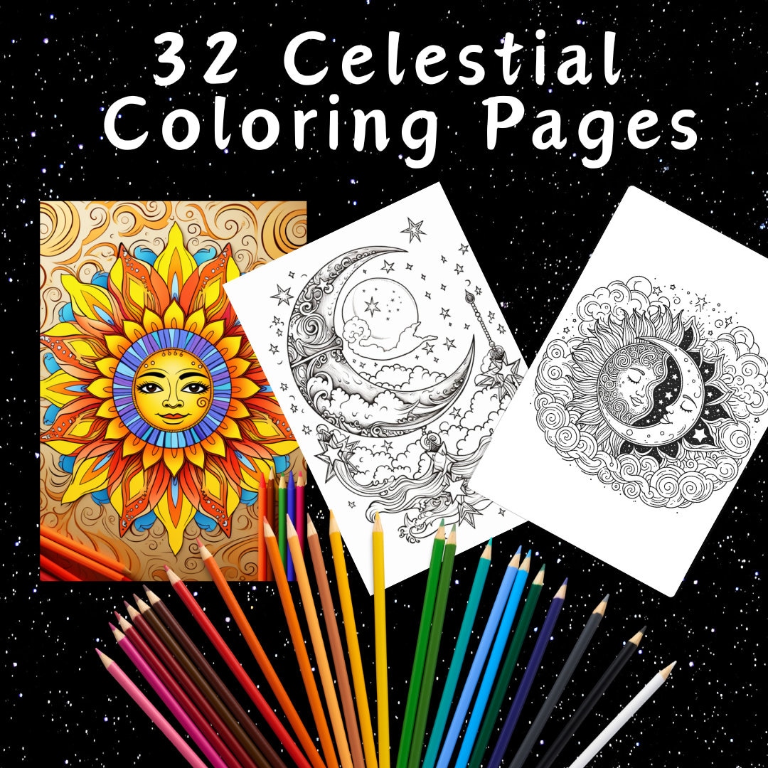Celestial Printable Coloring Pages 32 Majestic Sun & Moon Designs Solar ...