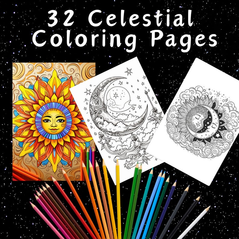 Celestial Printable Coloring Pages 32 Majestic Sun & Moon Designs Solar ...