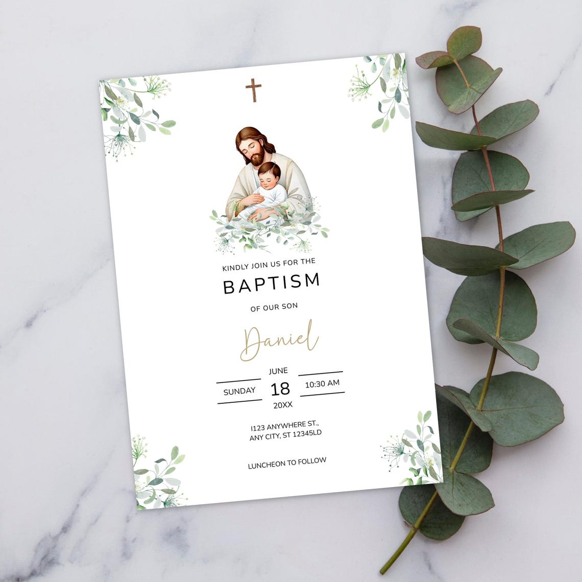 Catholic Baptism Invitation Boy | Editable Christening Invitation ...
