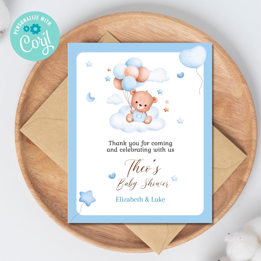 Bear Thank You Card, Editable Template, Digital Printable, Baby Shower ...