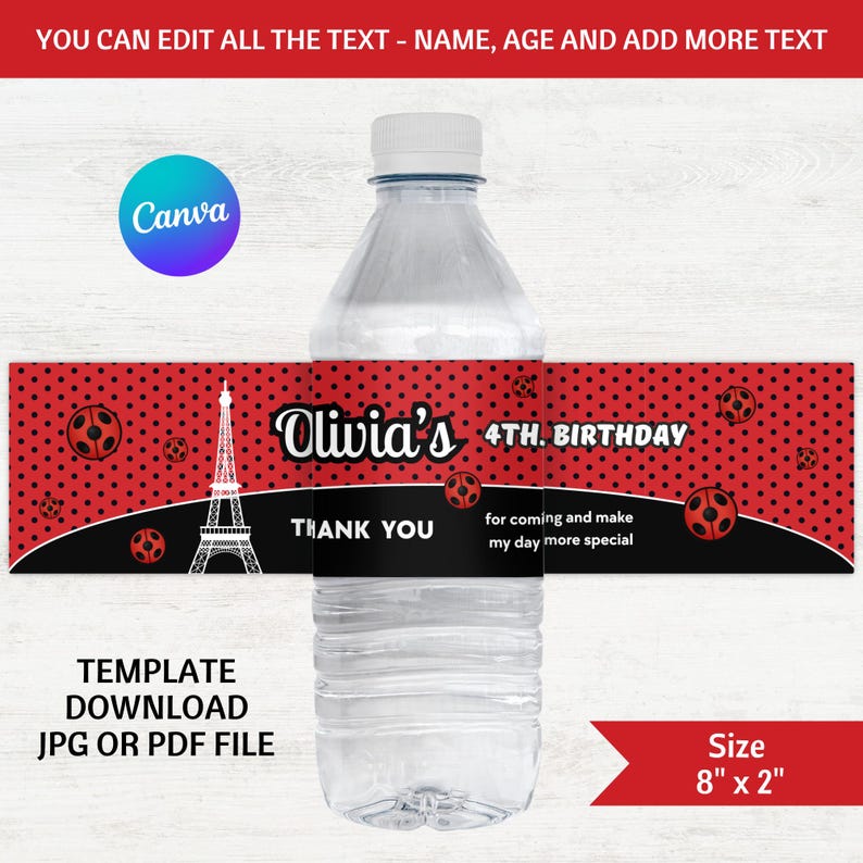 Editable Ladybug Water Bottle Label, Bottle Stickers, Party Decor ...