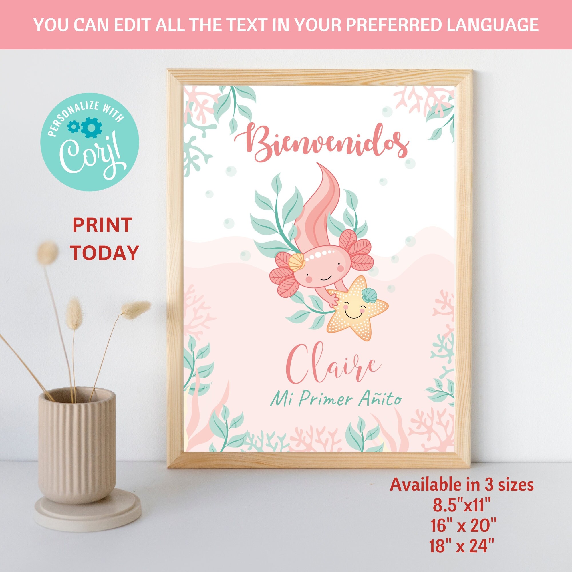 Axolotl Welcome Sign | Cute Pink Smiling Axolot Girl Birthday Party ...