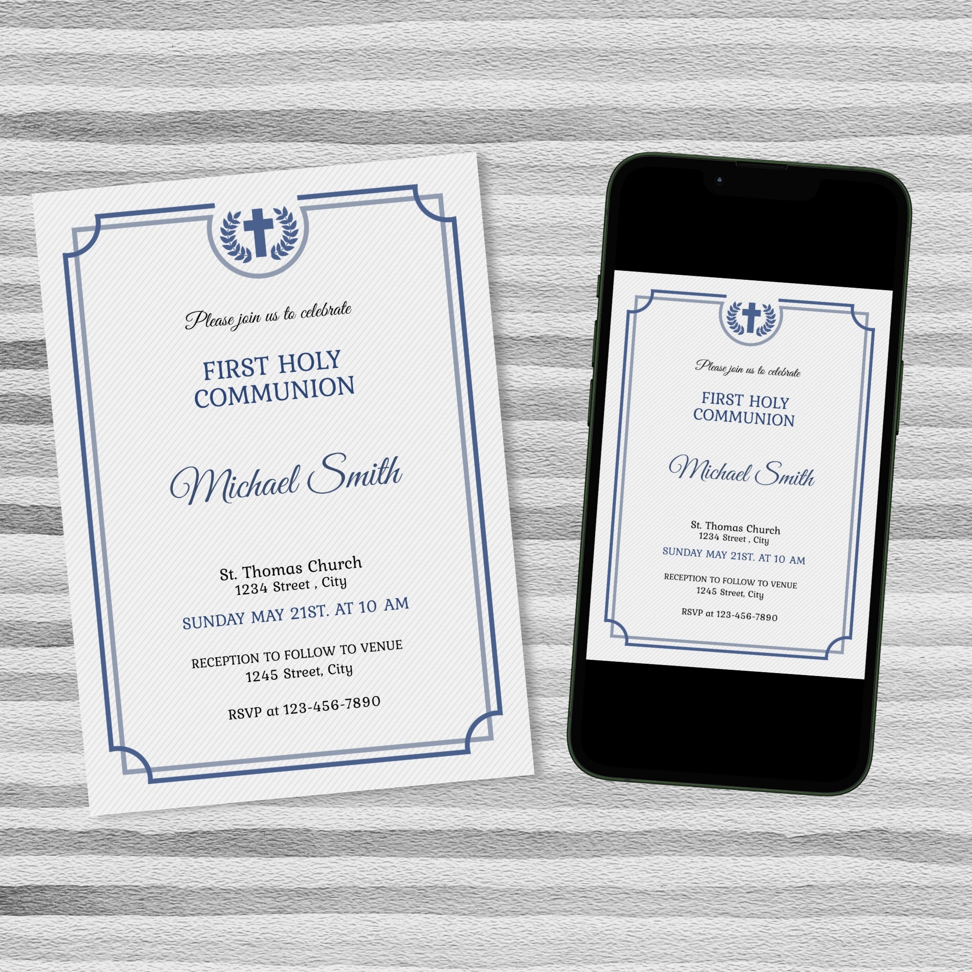 Blue First Holy Communion, Invitation Template, Elegant Communion ...