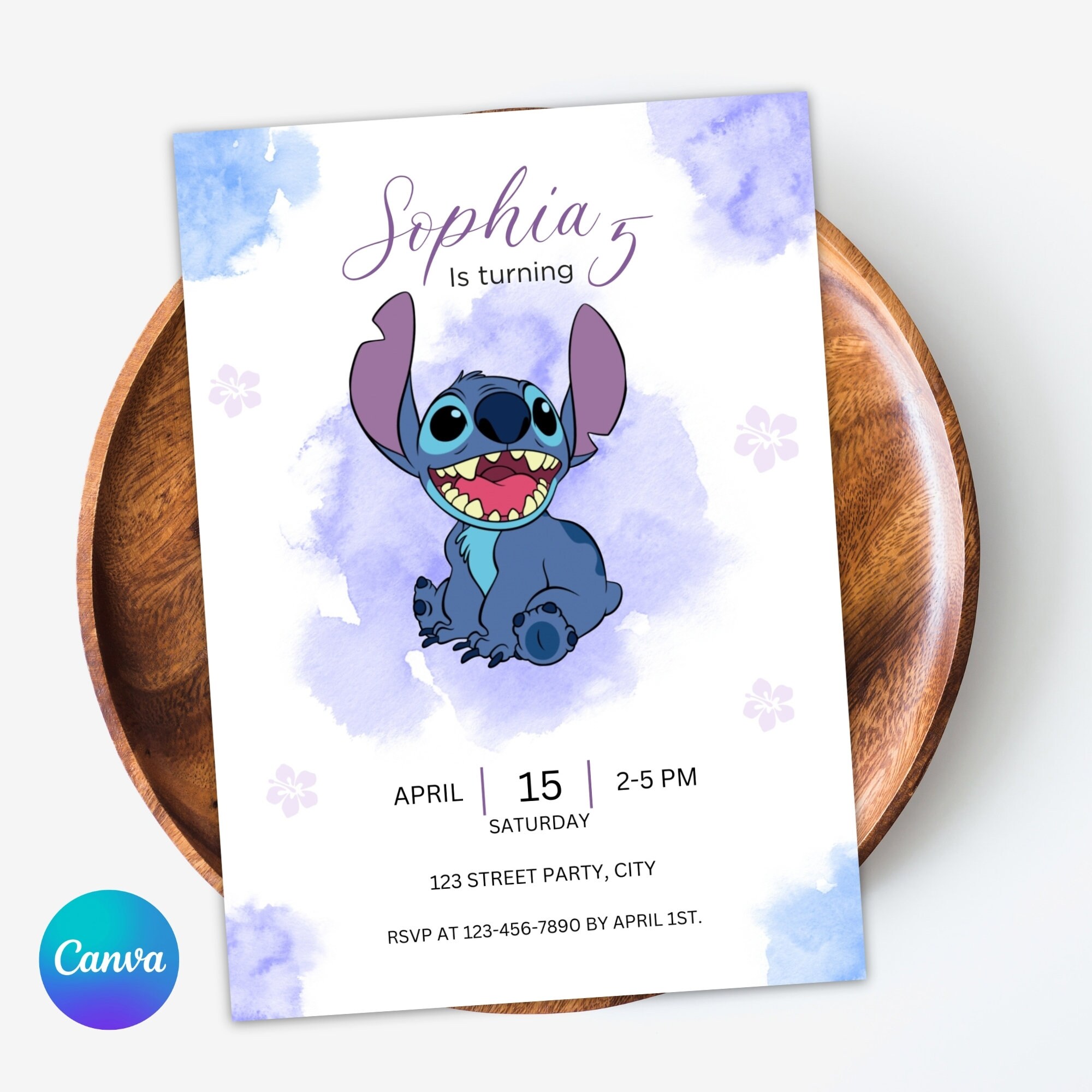Editable Stitch Invitation, Watercolor Stitch Birthday Invitation ...