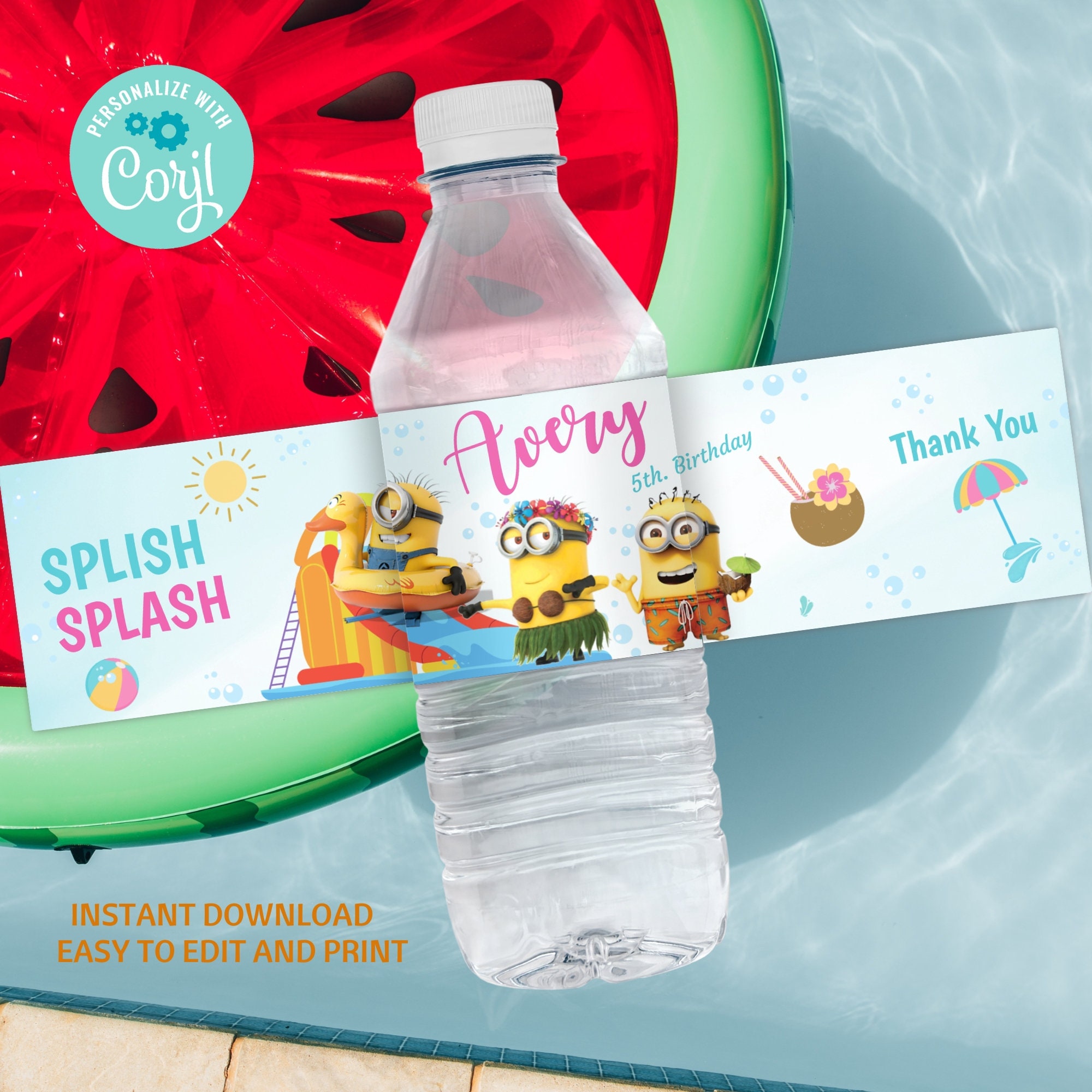 Minions Pool Party Water Bottle Label, Minions Party Decor, Instant ...