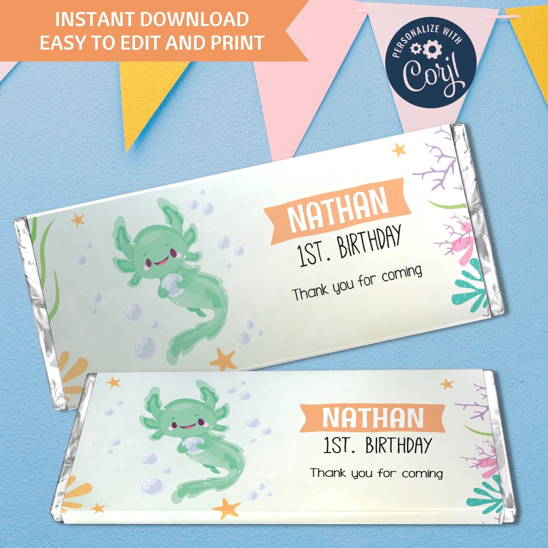 Axolotl Label, Editable Chocolate Bar Wrapper, Axolotl Birthday ...