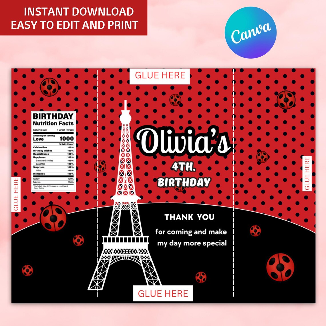 Ladybug Chip Bag Editable in Canva, Party Favor Template, Ladybug ...