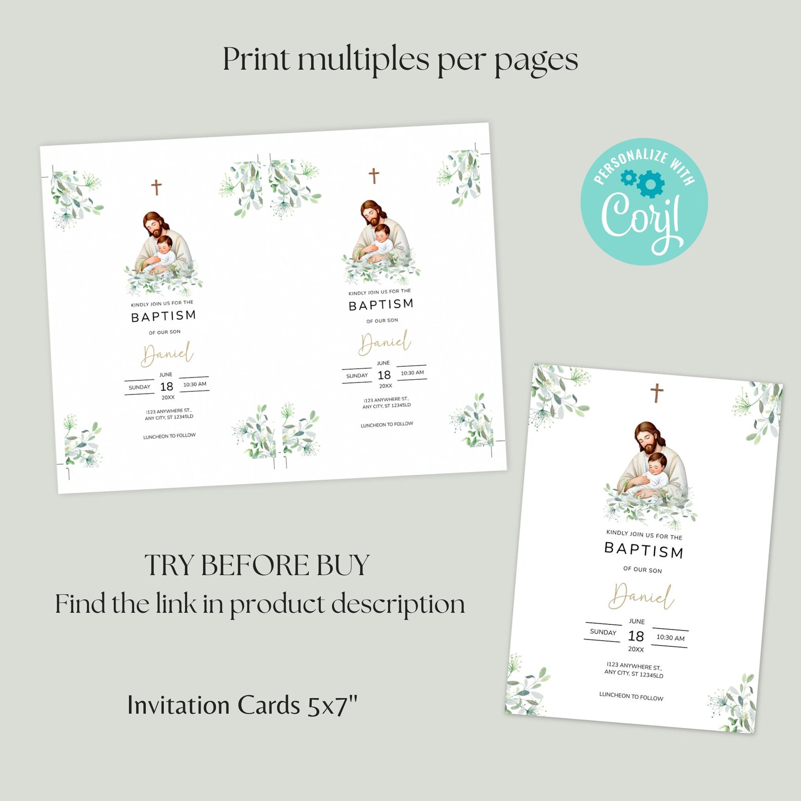 Catholic Baptism Invitation Boy | Editable Christening Invitation ...