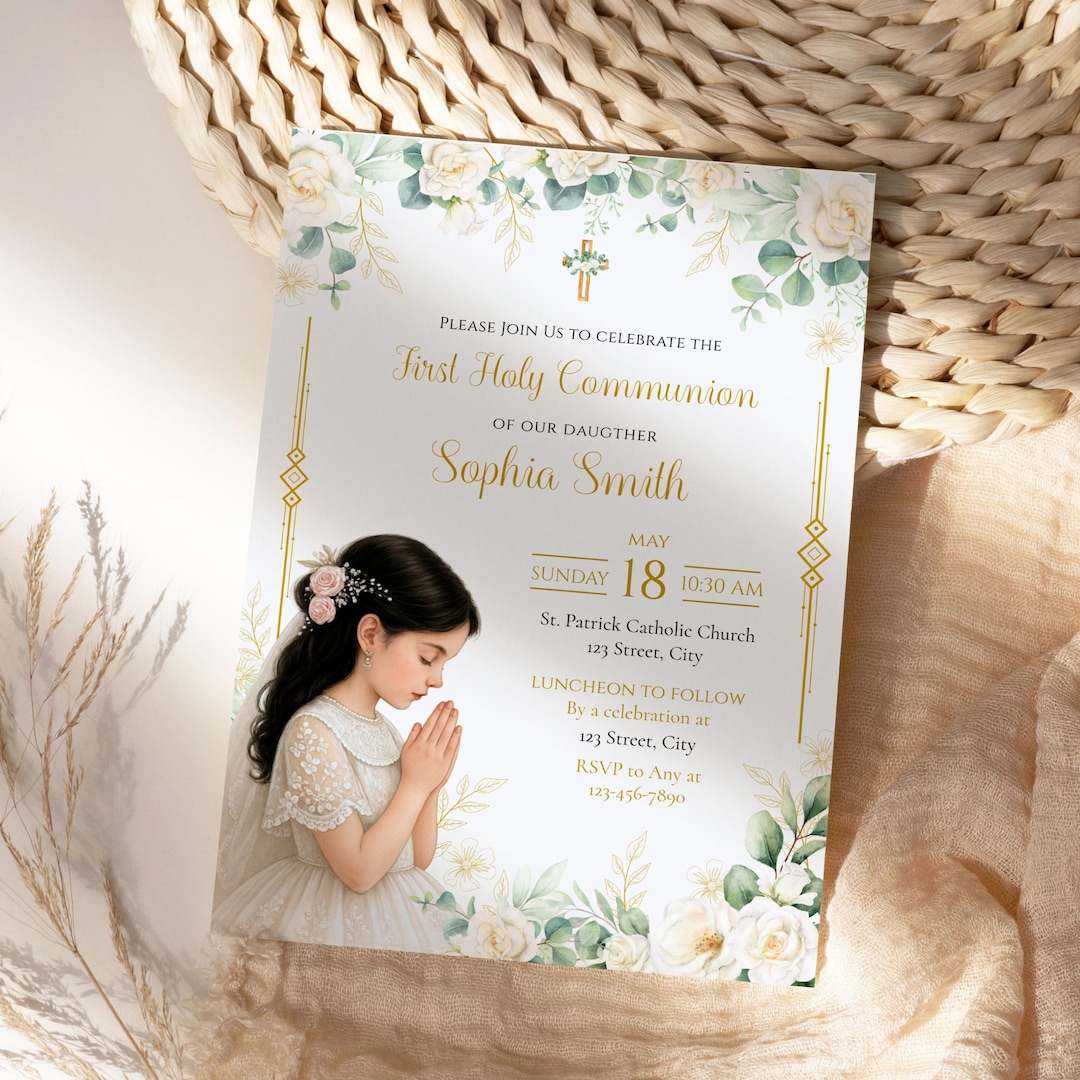 Elegant First Communion Invitation Girl | White Floral Gold Cross ...