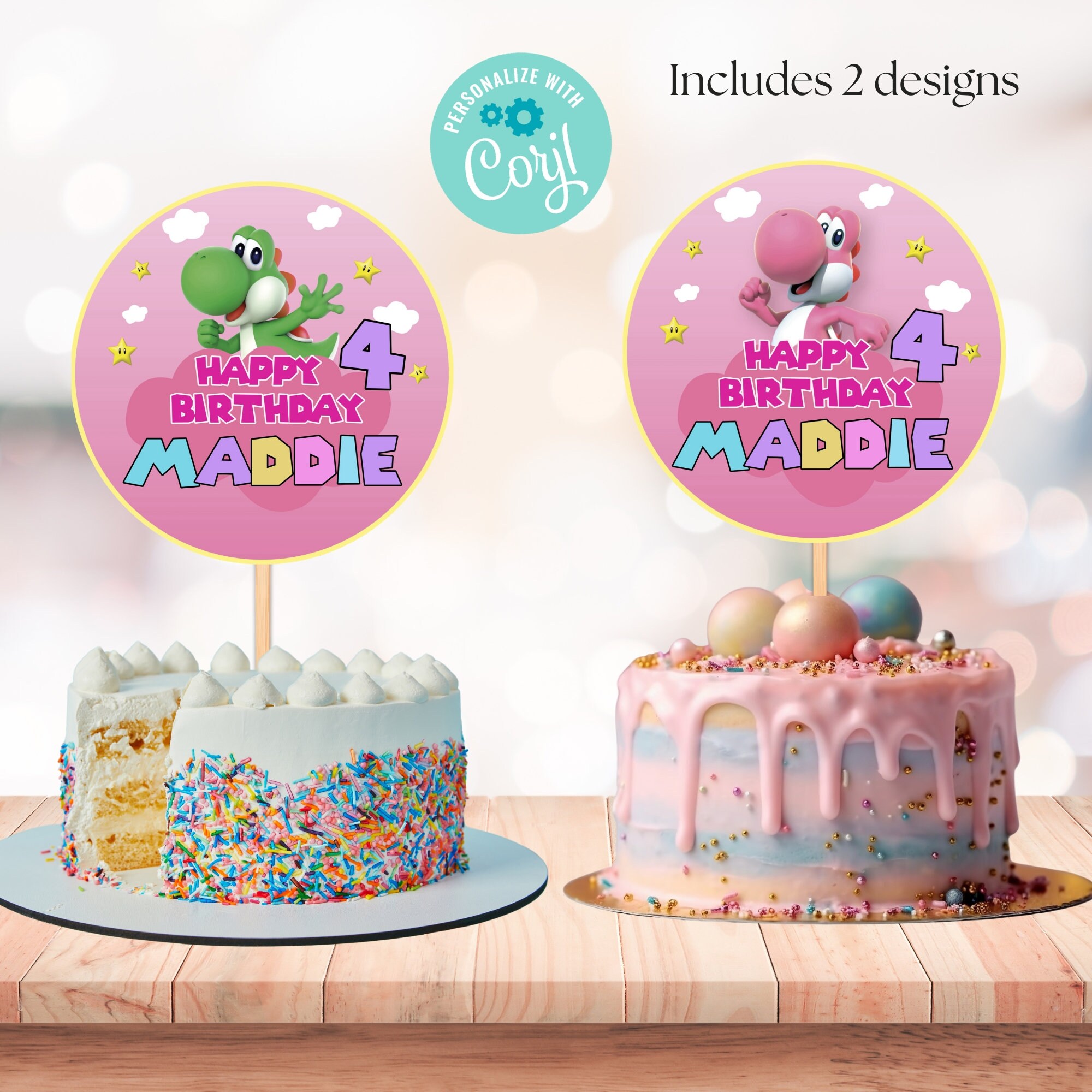 Pink Yoshi Cake Topper, Printable Editable Cake Topper, Yoshi Party ...