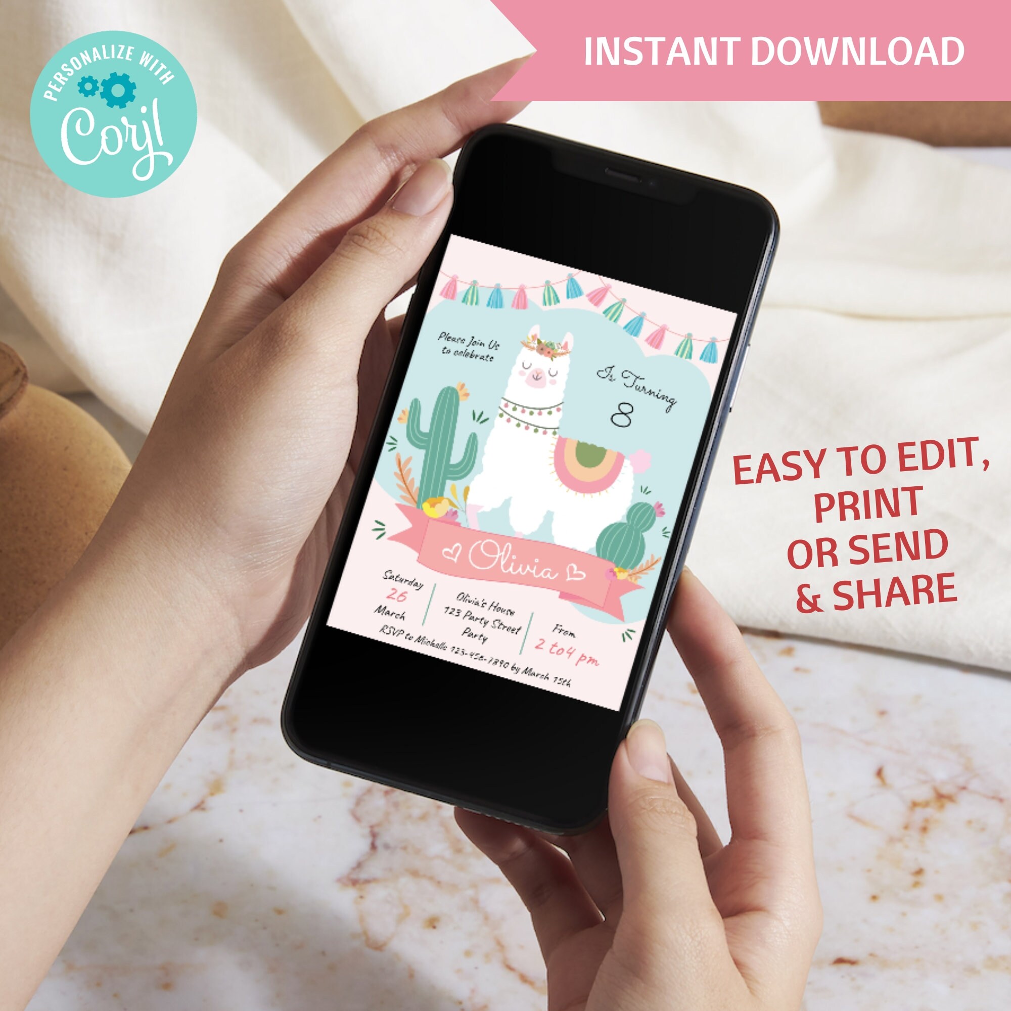 EDITABLE Pink Llama Birthday Invitation. Fiesta Llama Party Printable ...