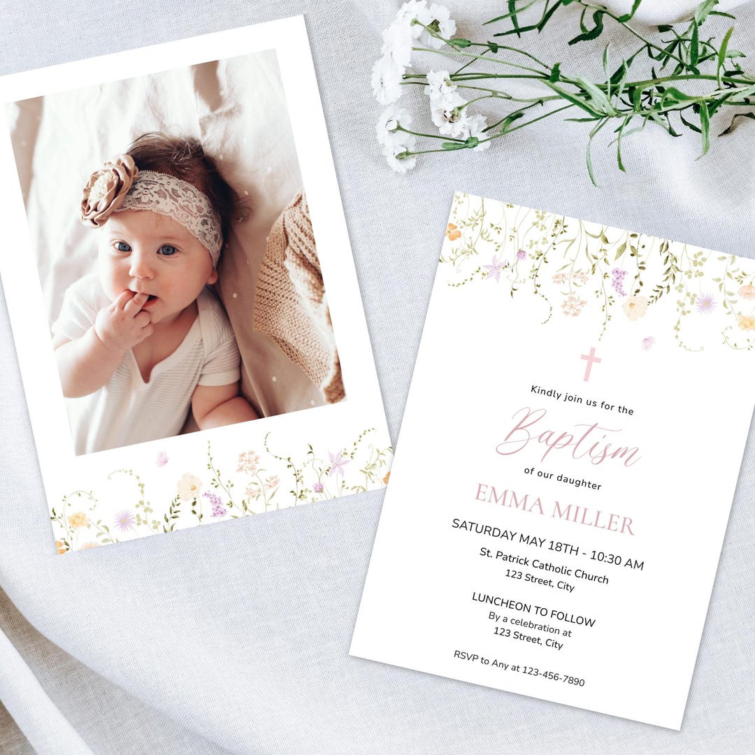 Girl Baptism Invitation With Photo – Corjl Template – Printable Floral ...