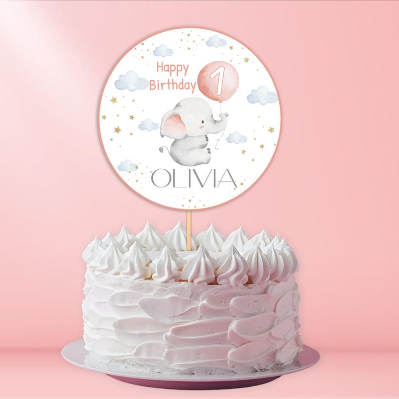 EDITABLE Elephant Baby Cake Topper, Centerpiece Baby Elephant First ...