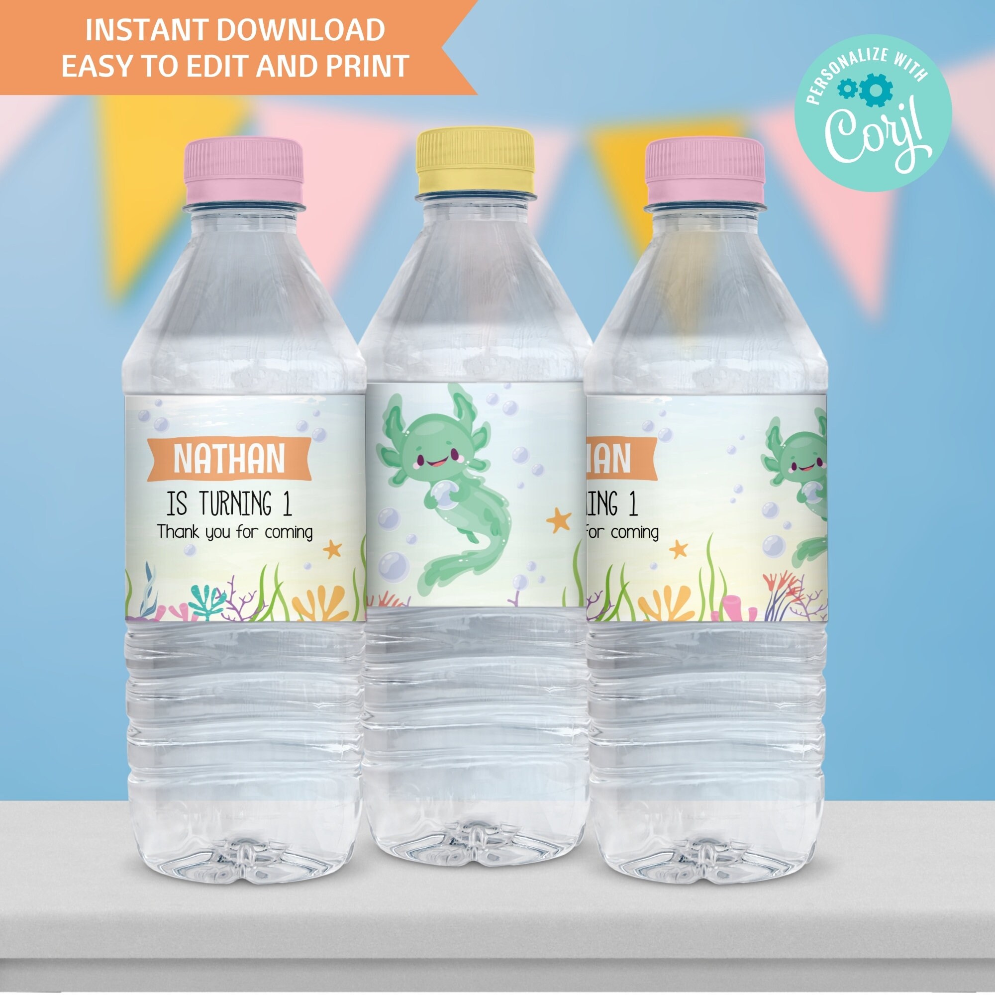 Axolotl Label, Editable Water Bottle Label, Axolotl Birthday, Axolotl ...