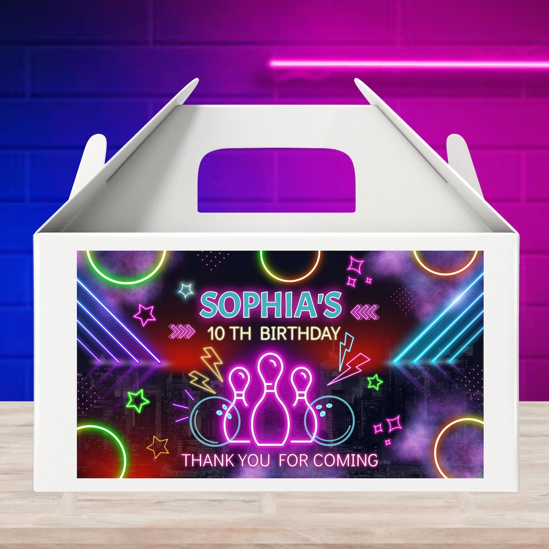 Neon Bowling Party Favor Box Template - Customizable Thank You Box ...