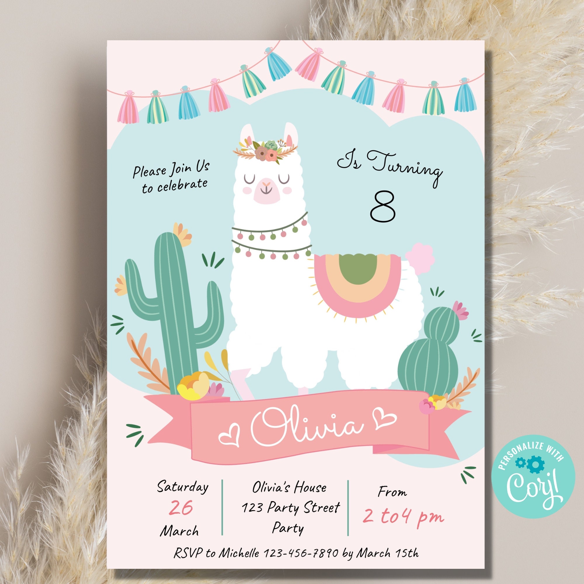 EDITABLE Pink Llama Birthday Invitation. Fiesta Llama Party Printable ...